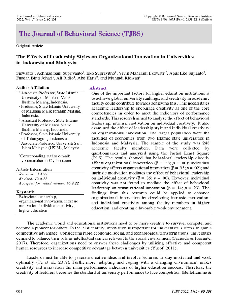 The Journal of Behavioral Science (JBS) | PDF | Leadership | Creativity