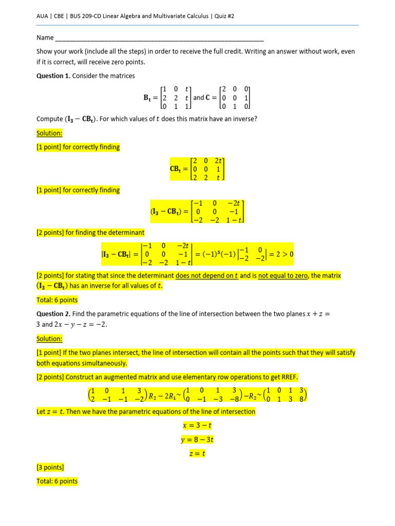 Quiz 2 Spring 2024_Solutions | Download Free PDF | Equations | Matrix (Mathematics)
