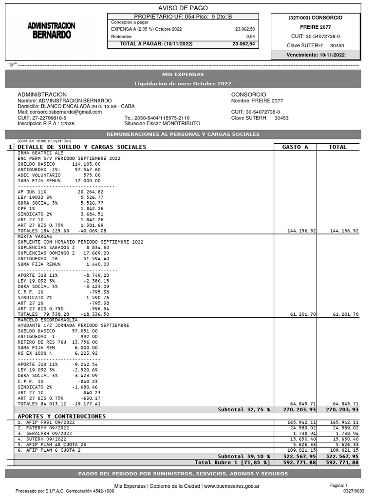 Mis Expensas Liquidacion de Mes: Octubre 2022: PROPIETARIO UF: 054 Piso: 9 Dto: B | PDF