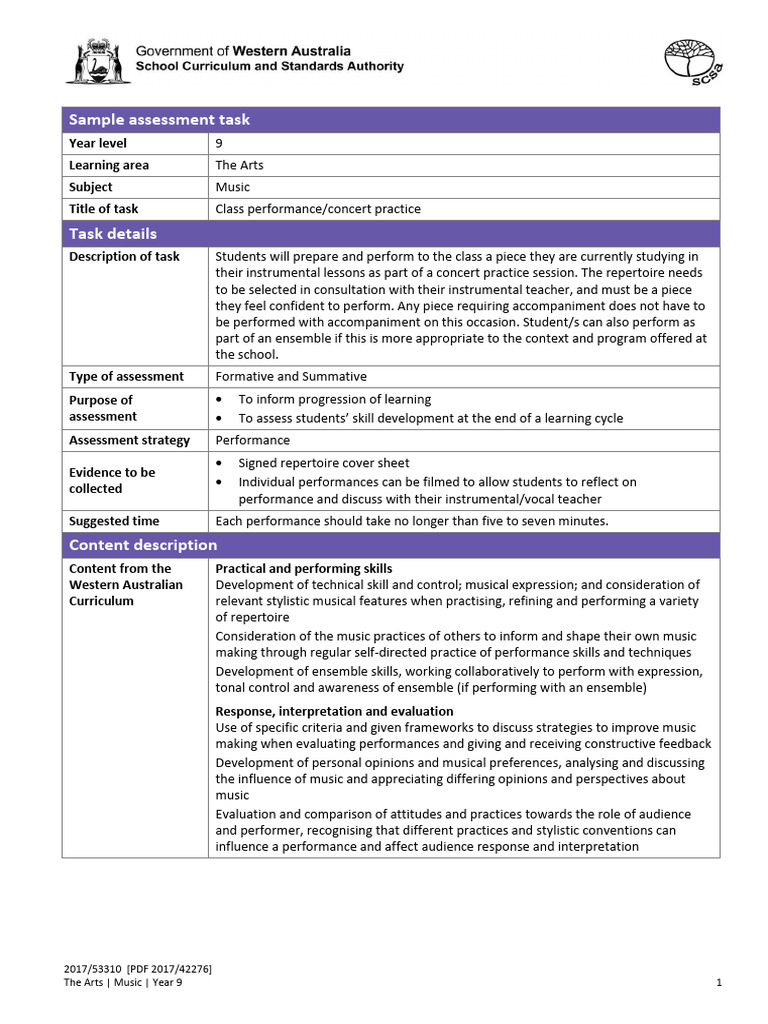 Year 9 Music Performance Assessment | PDF | Educational Assessment | Rhythm