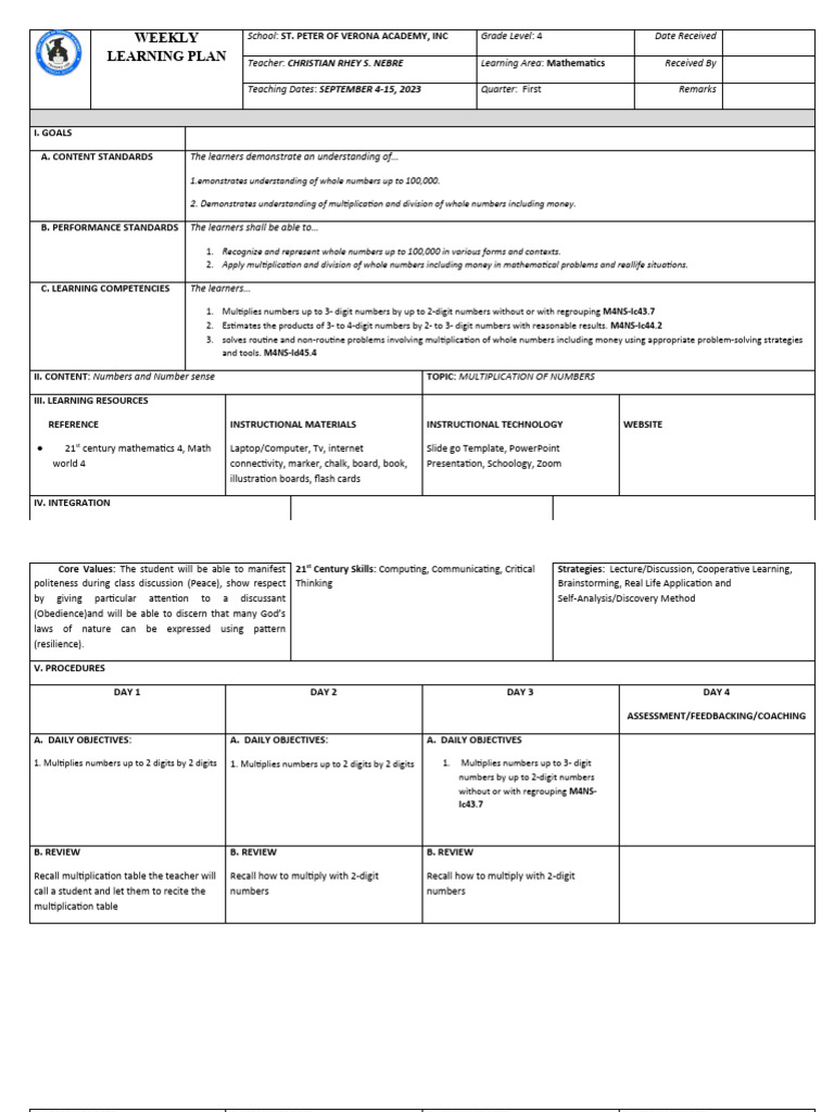 Learning Plan Grade 4 Week 4-5 | PDF | Learning | Multiplication