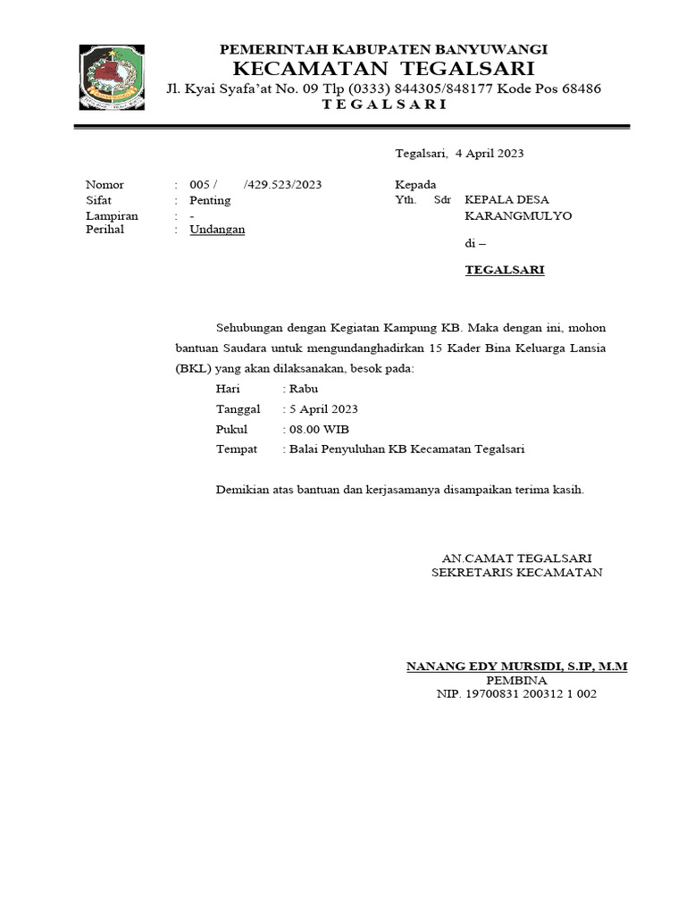 SURAT UNDANGAN BOKB KAP KB April 2023 | PDF