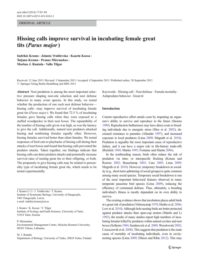 Hissing Calls Improve Survival in Incubating Female Great Tits (Parus Major) | PDF | Birds ...
