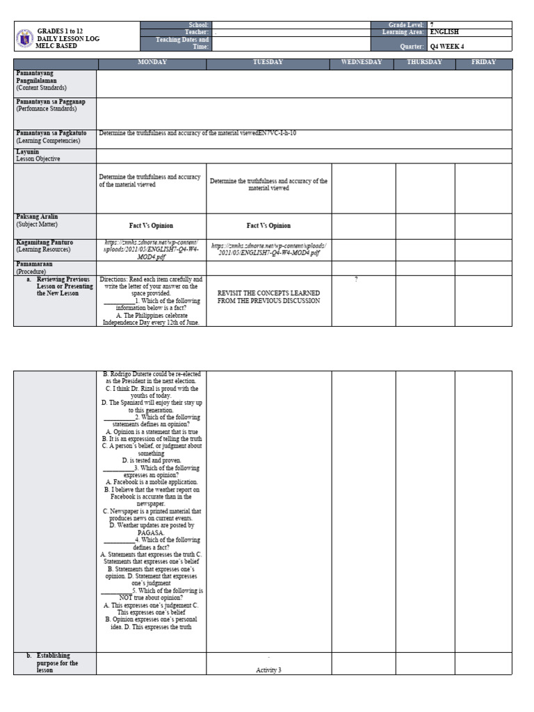 Melc DLL Eng 7 Week 4 Q4 Done | PDF | Truth | Judgment (Law)