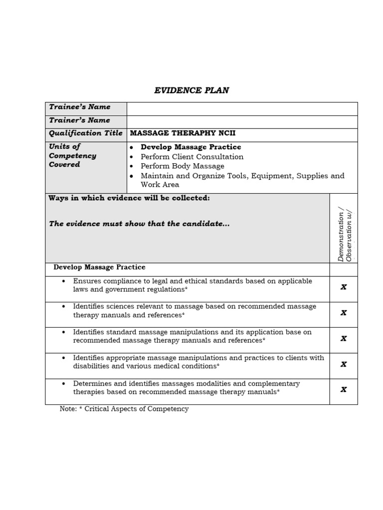 Evidence Plan - Massage - Develop Massage Practice | PDF