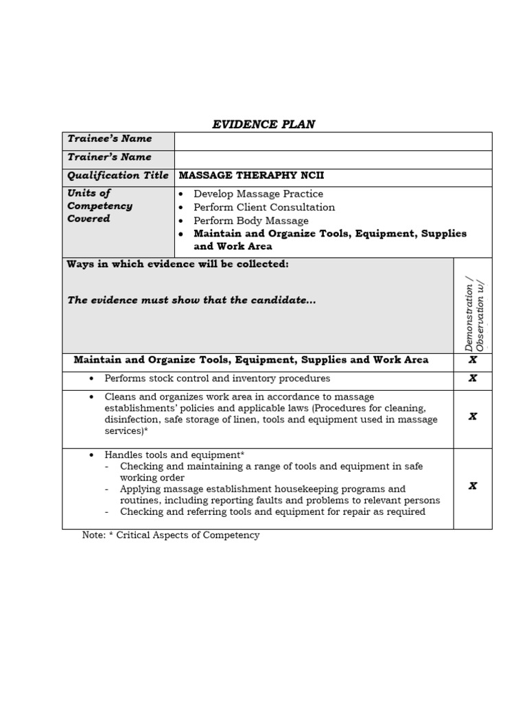 Evidence Plan - Massage - Maintain and Organize Tools, Equipment, Supplies and Work Area | PDF