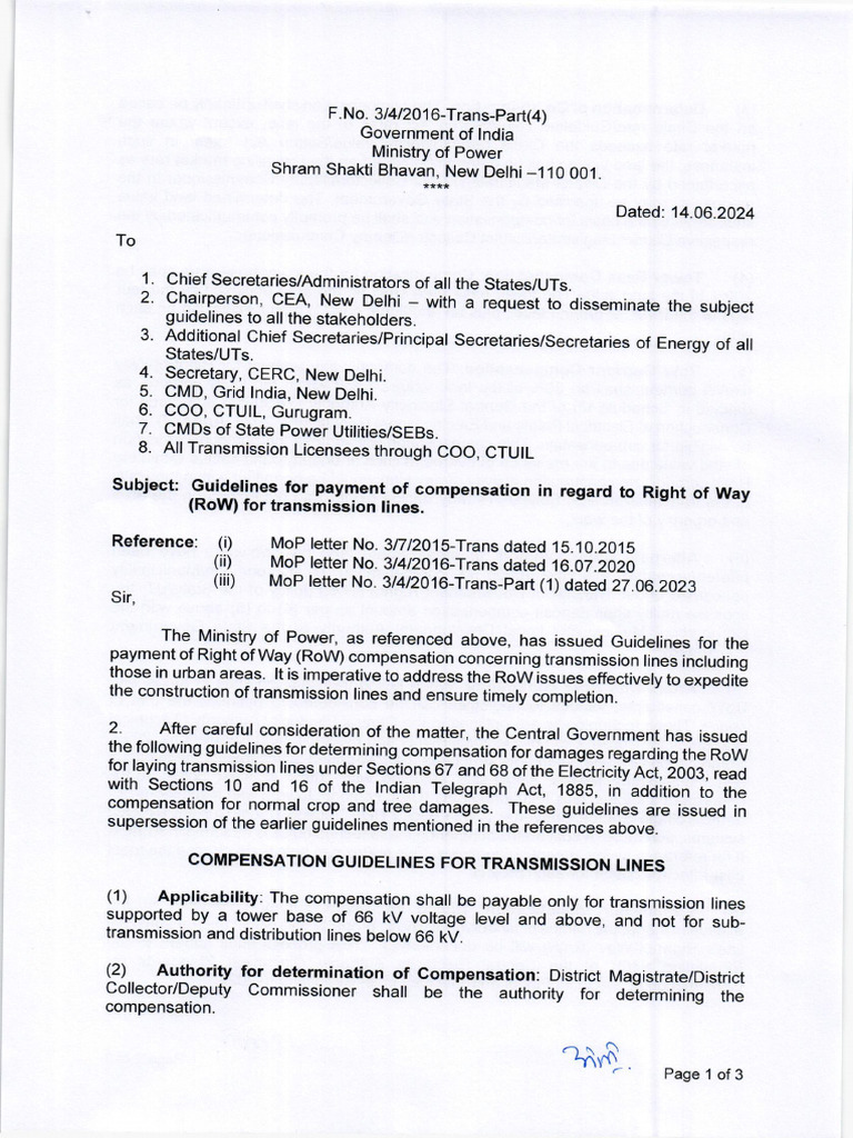 Guidelines For Payment of Compensation in Regard To Right of Way RoW ...