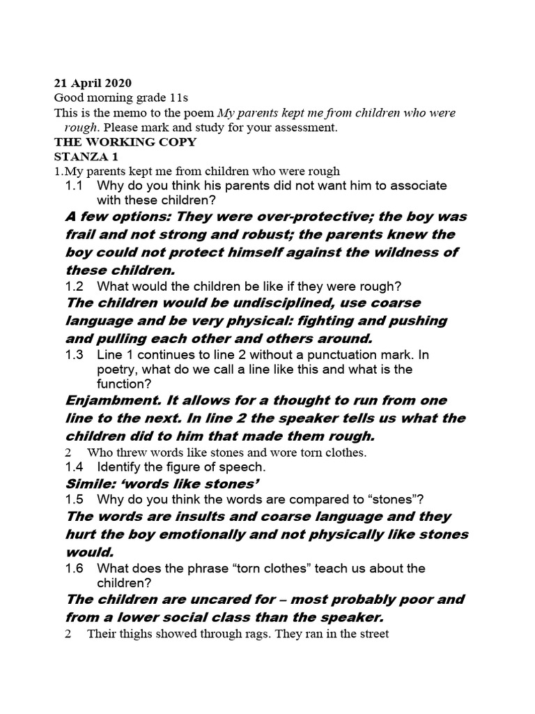 Memo To Grade 11 Poem My Parents Kept Me From Children Who Were Rough ...