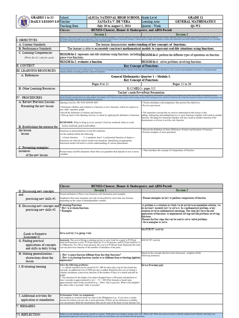 GenMath Week1 DLL | PDF | Function (Mathematics) | Learning
