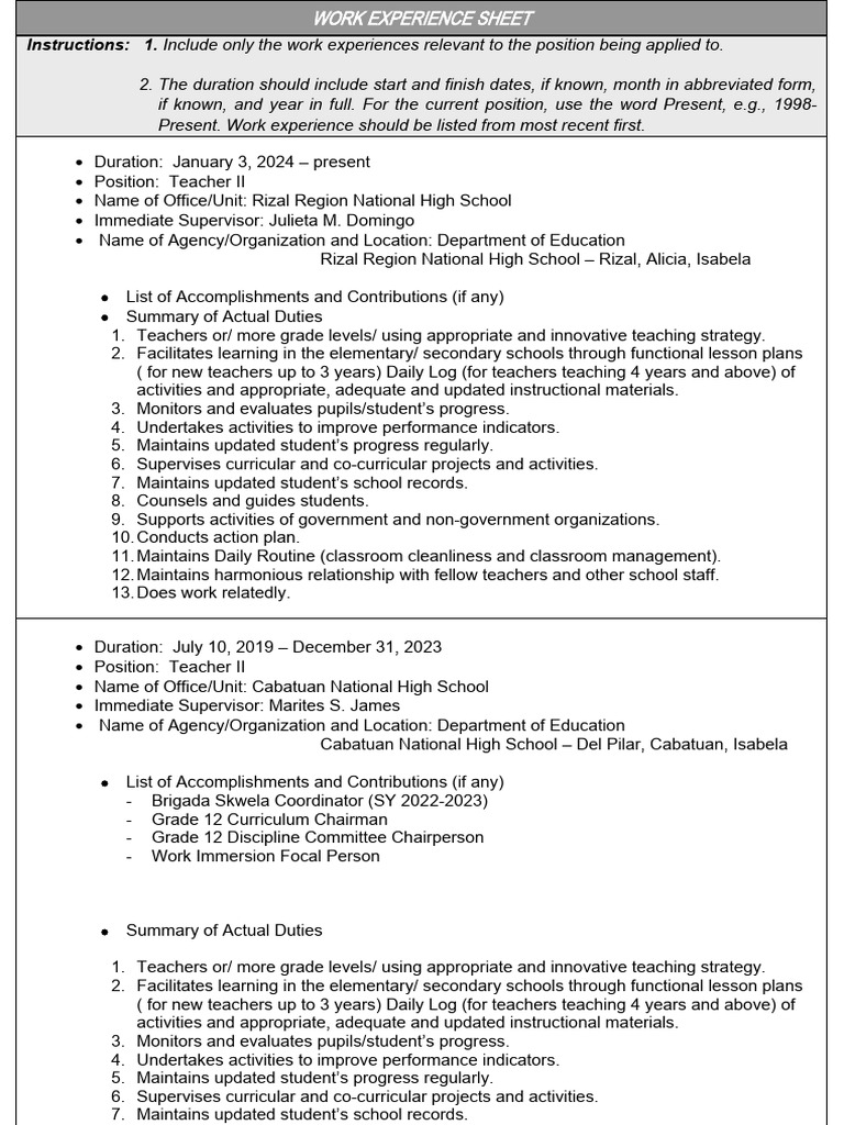 CS Form No. 212 Attachment Work Experience Sheet | PDF | Teachers | Schools