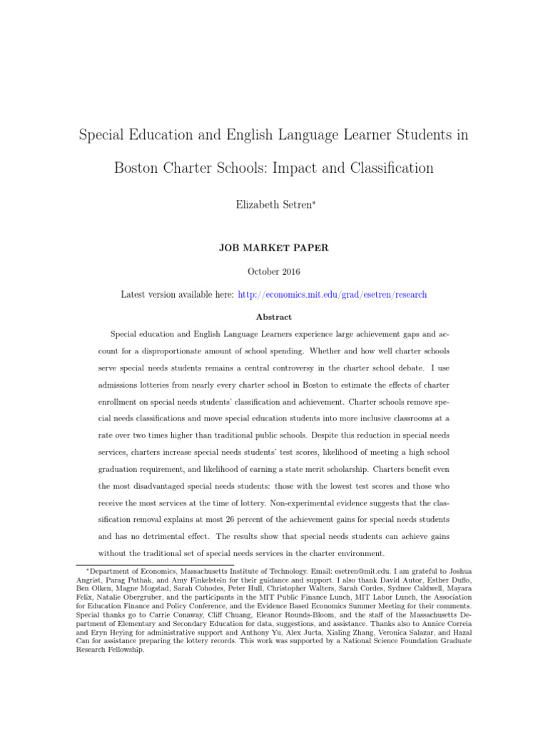 Setren Job Market Paper | PDF | Special Education | Individualized ...
