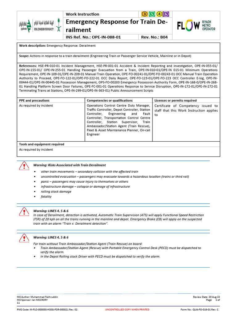 OPE-IN-088-01 B04 Emergency Response For Train Derailment | PDF | Train | Incident Command System