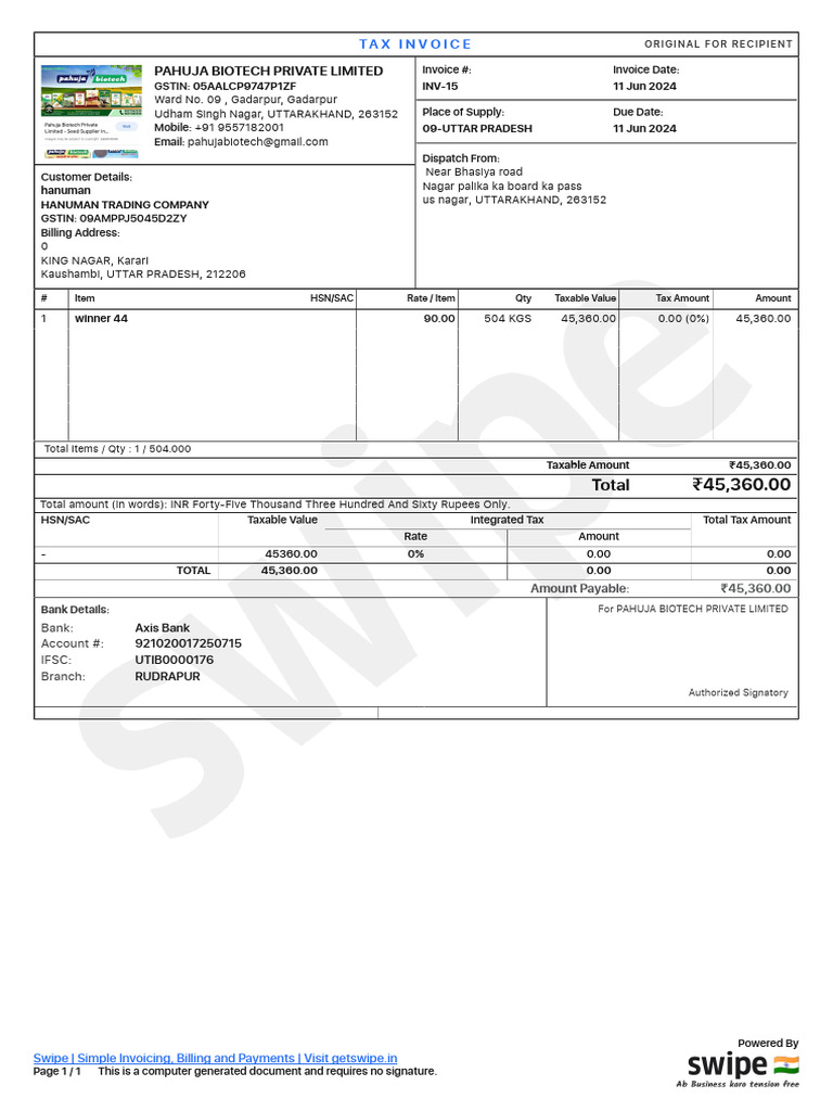 INV_15_for_HANUMAN_TRADING_COMPANY | PDF | Payments | Taxes