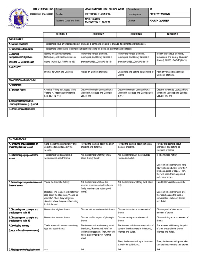 Creative Writing: Drama Elements | PDF | Learning | Romeo And Juliet