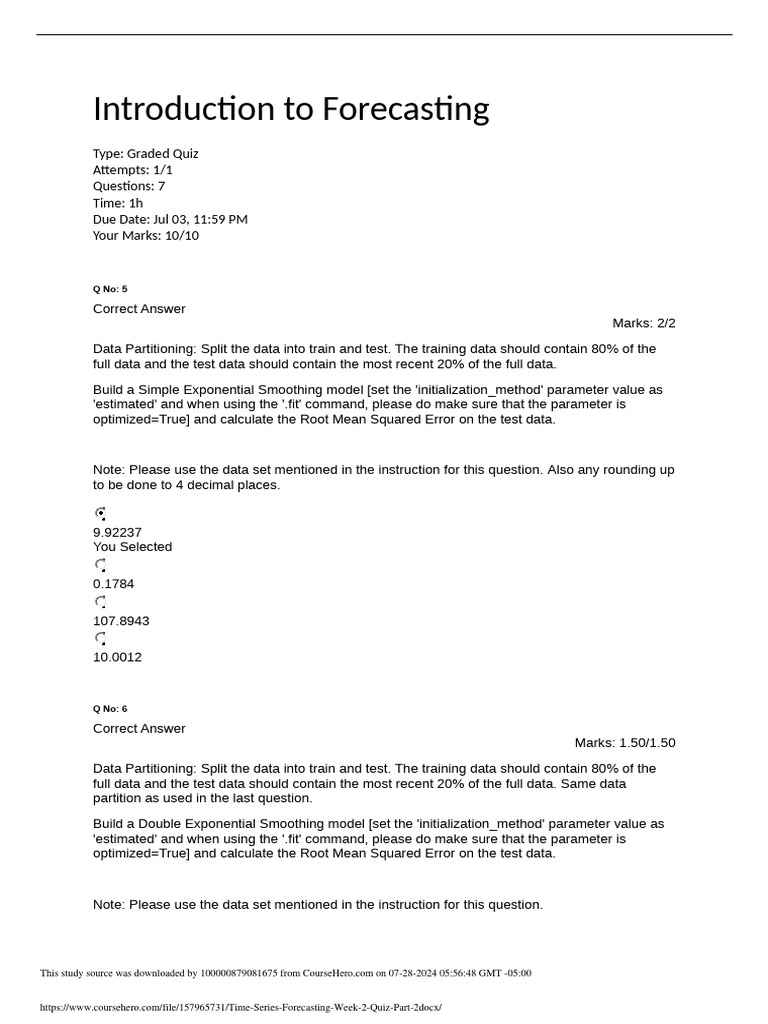 Time Series Forecasting Week 2 Quiz Part 2 | PDF | Mean Squared Error | Forecasting