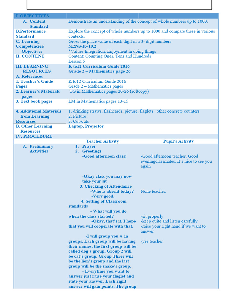 Detailed Lesson Plan in Place Value | PDF | Teachers | Curriculum