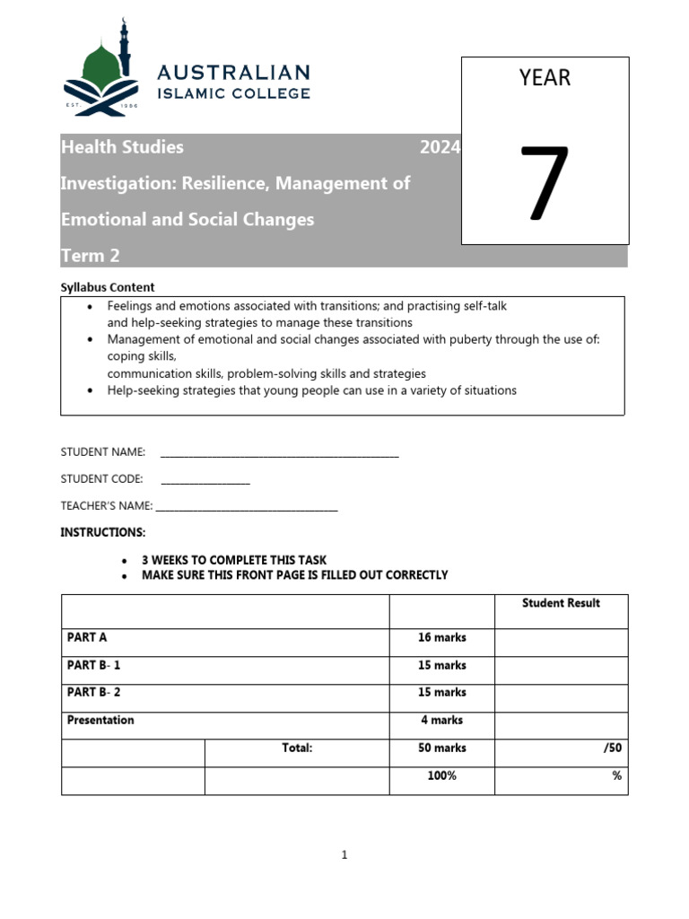 Year 7 Health Assessment Task Term 2 2024 | PDF | Psychological ...