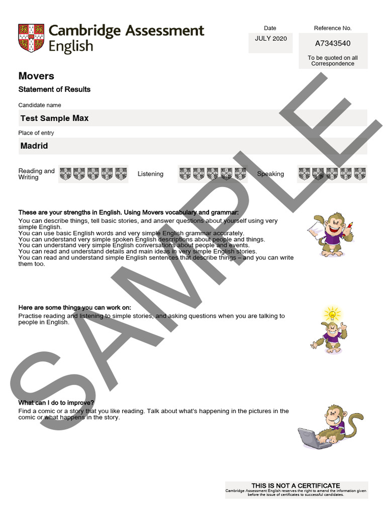 English Movers Sample Statement of Results 1 | PDF | Human ...