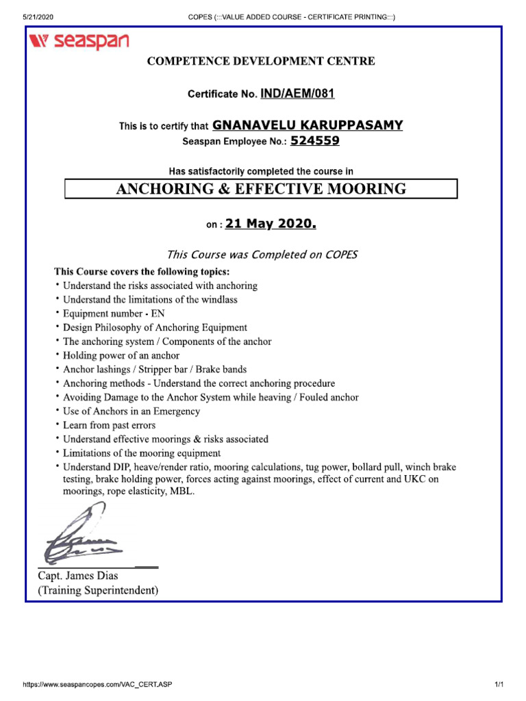 Anchoring And Effective Mooring Course Certificate Pdf