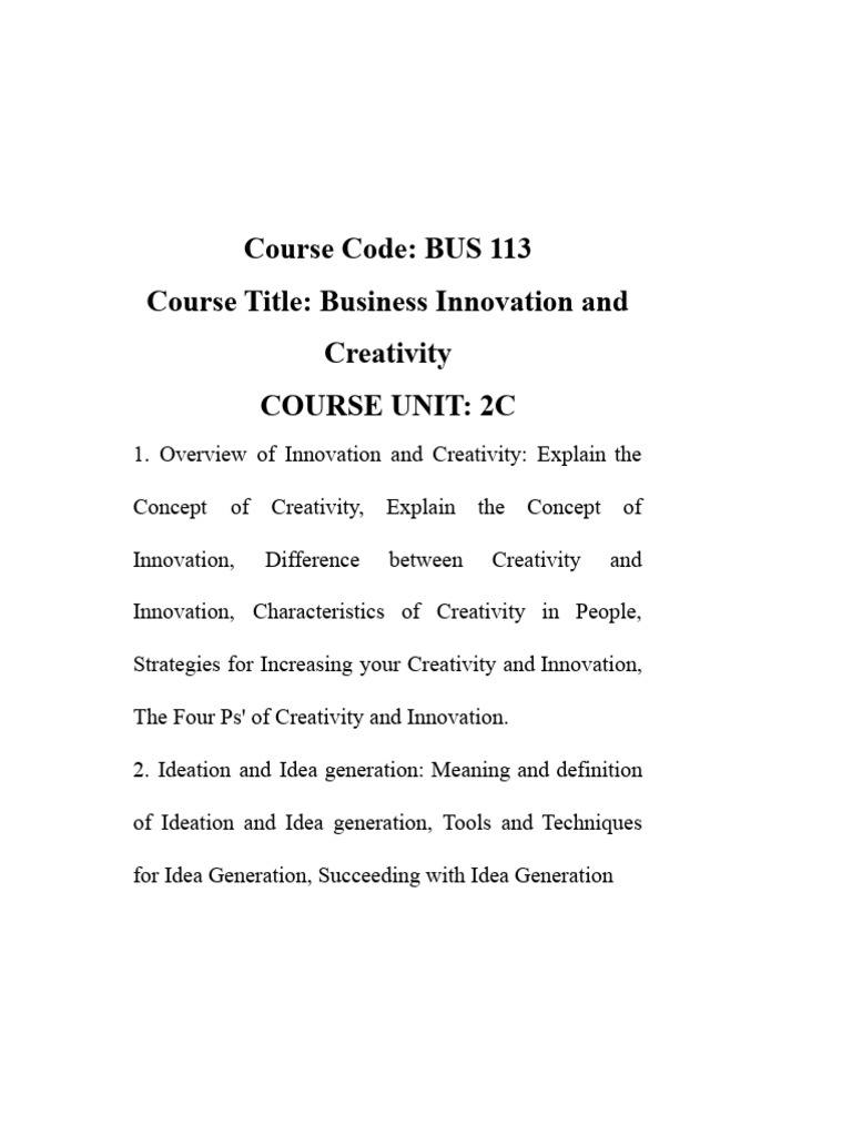 Bus113 Introduction To Innovation and Creativity | PDF | Creativity | Innovation