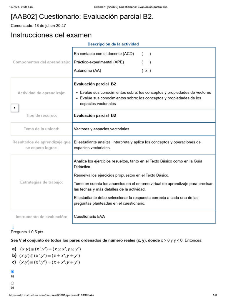 Examen - (AAB02) Cuestionario - ALGEBRA LINEAL | PDF | Espacio vectorial | Evaluación