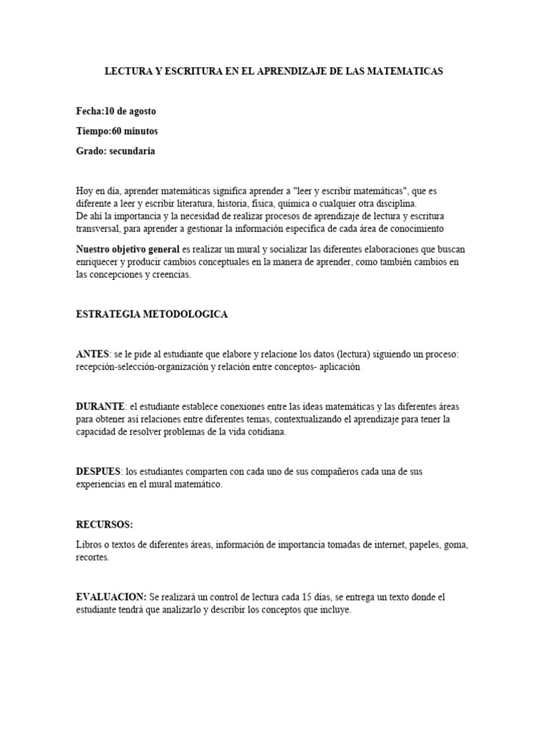 Lectura y Escritura en El Aprendizaje de Las Matematicas | PDF ...