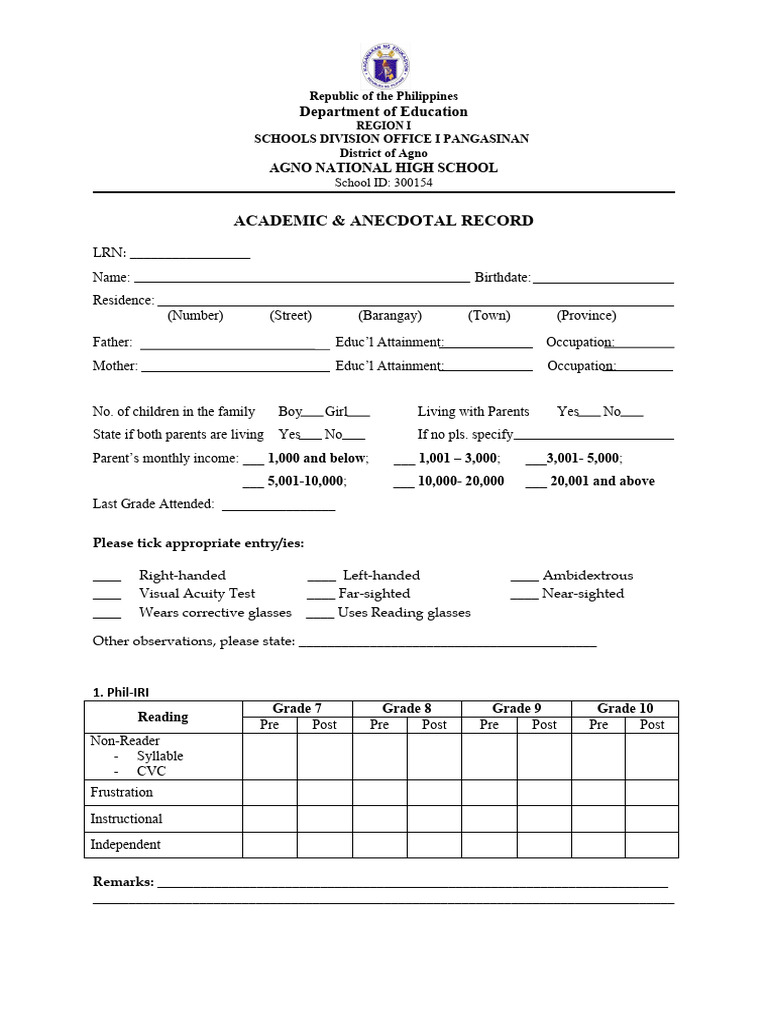 Academic and Anecdotal Record Form | PDF | Behavior Modification ...