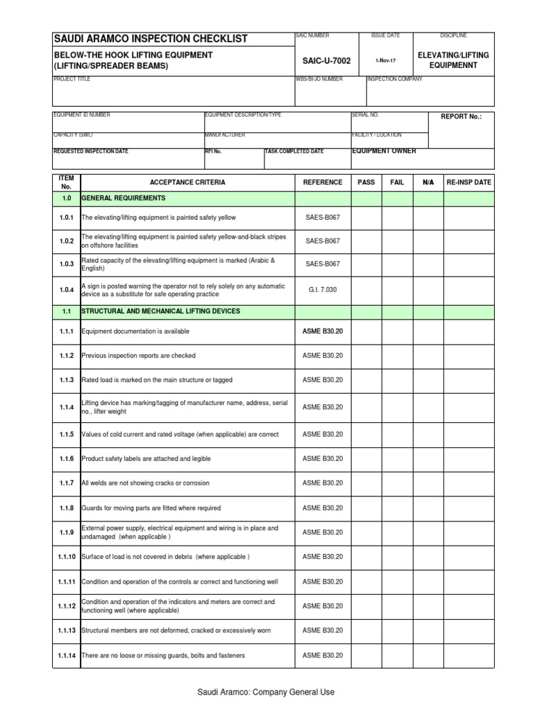 SAIC-U-7002 BELOW-THE-HOOK INSPECTION CHECKLIST (Lifting & Spreader ...