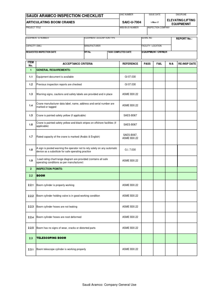 Articulating Boom Crane Inspection Checklist | PDF | Crane (Machine) | Rope