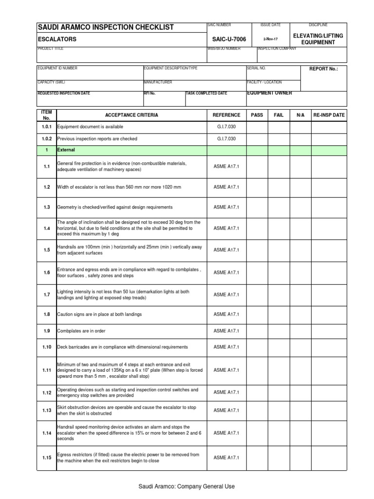 SAIC-U-7006 ESCALATOR INSPECTION CHECKLIST (Nov 2017) | PDF | Escalator ...