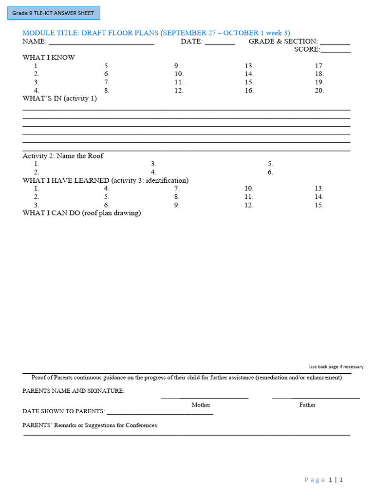 Answer Sheet Q1 W3 Draft Floor Plans | PDF