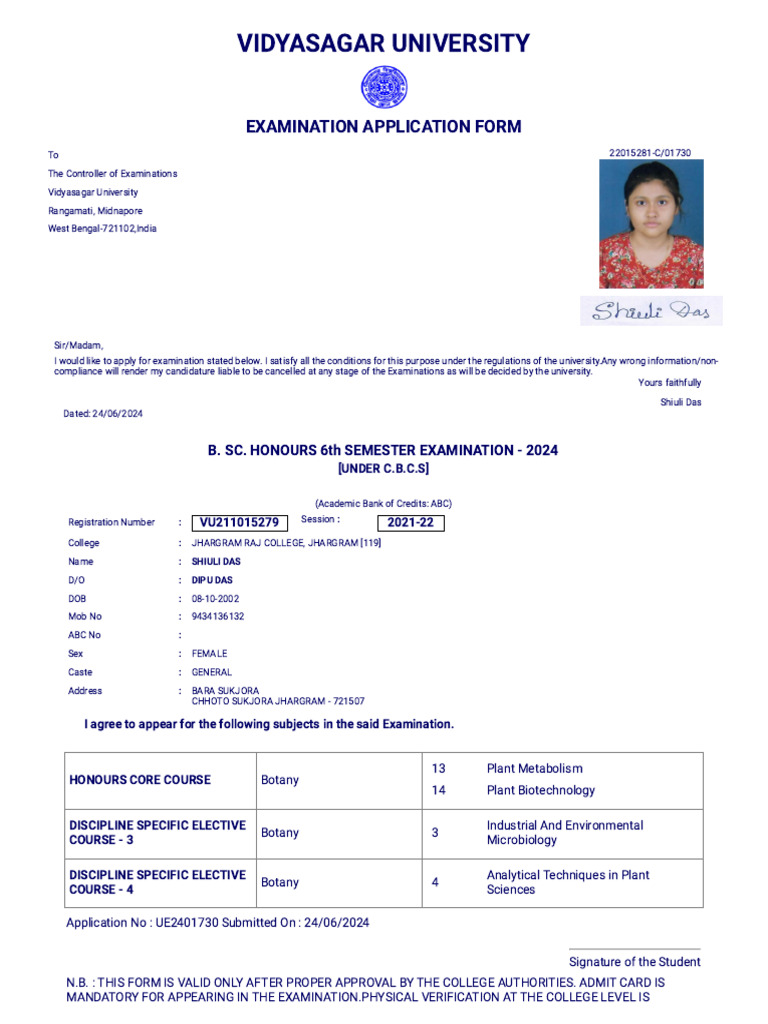6th Sem Exam. Form Fill Up 2024 | PDF