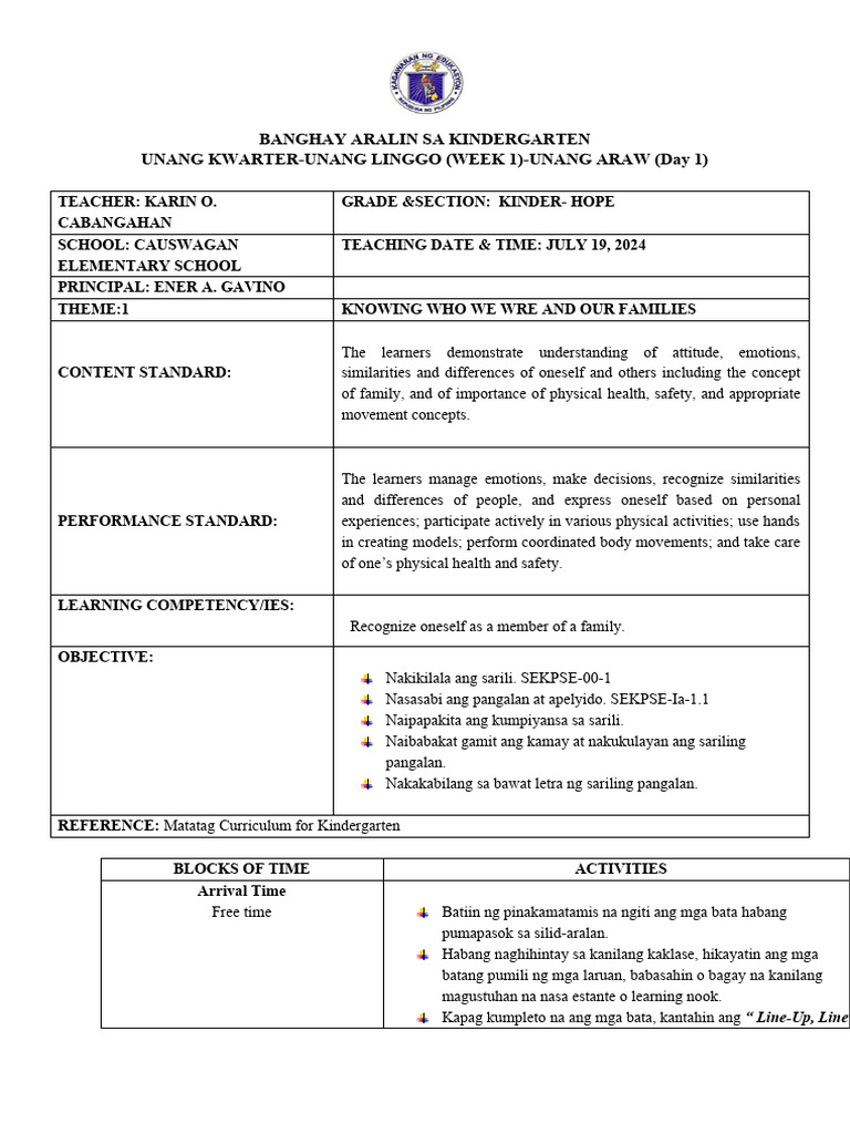 Division Level Demonstration For Kindergarten Matatag Class B | PDF