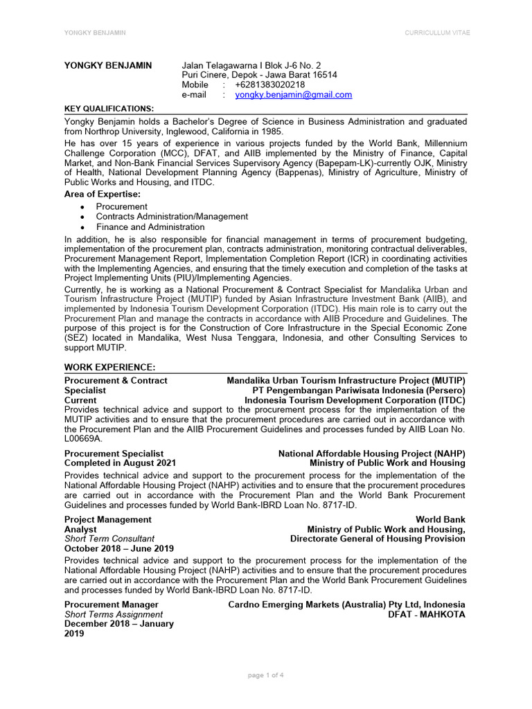 Yongky Benjamin: Procurement Specialist | PDF | World Bank Group ...