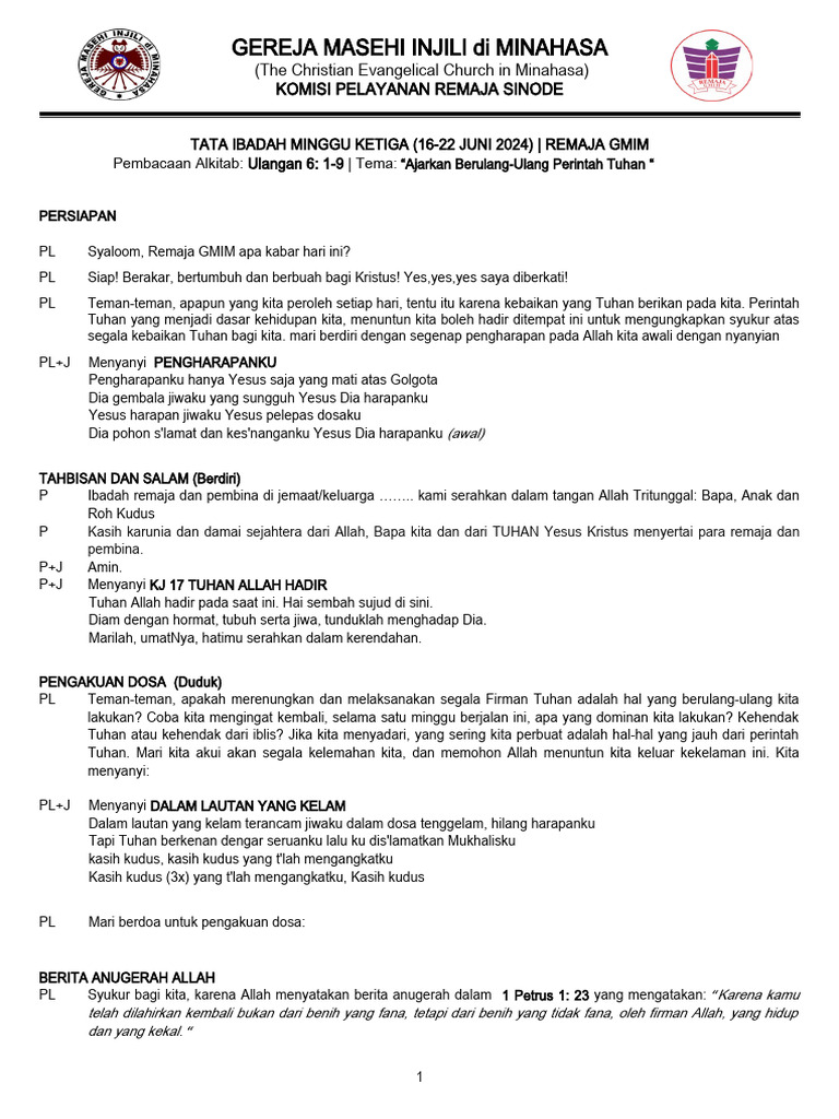 Tata Ibadah Minggu Ketiga 16-22 Juni 2024 (Remaja Gmim) | PDF | Seni & Disiplin Bahasa