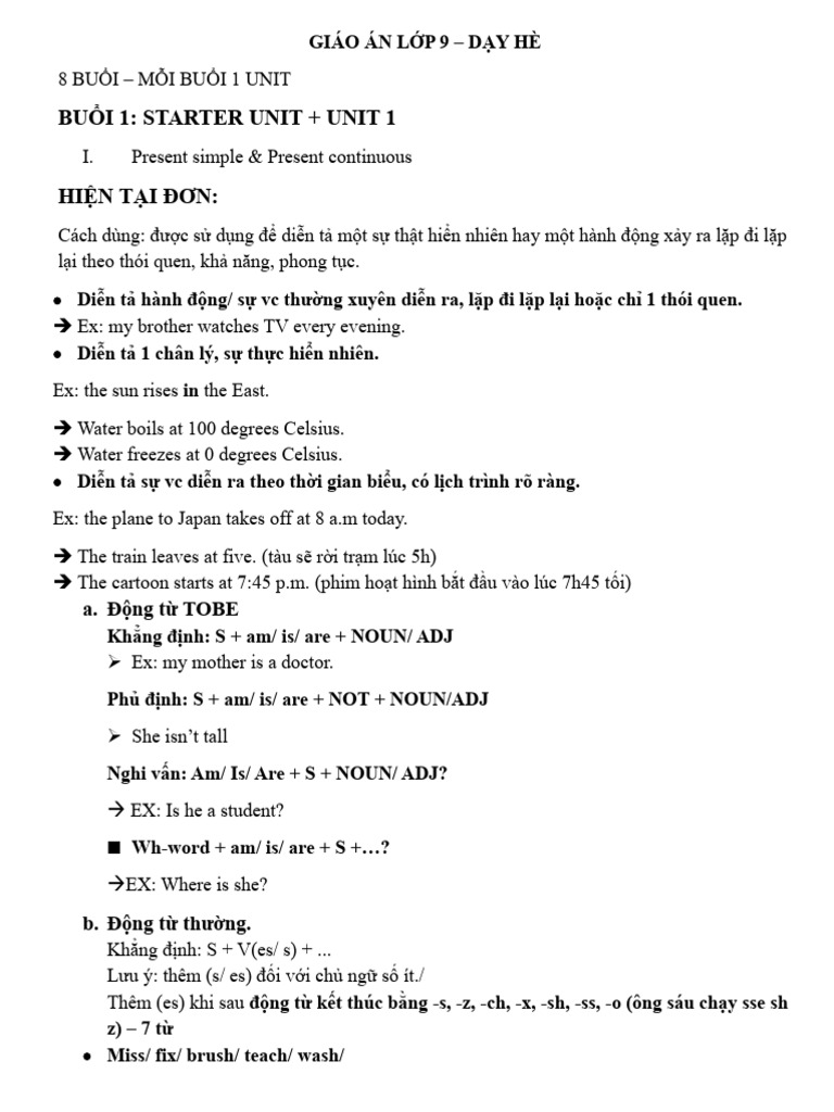Bu I 1: Starter Unit + Unit 1: Giáo Án L P 9 - D y Hè | PDF