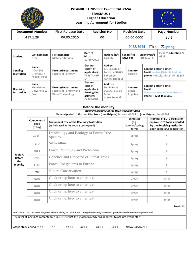 Erasmus Learning Agreement 2023/2024 | PDF | Learning | Academic Degree