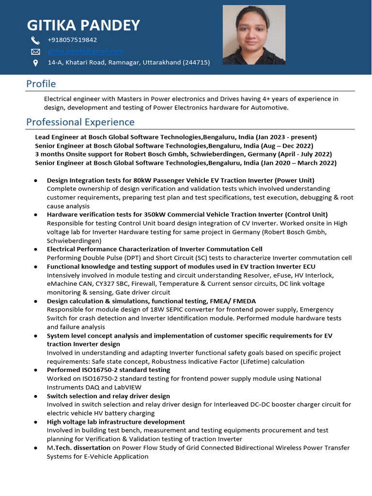 Resume Gitika Pandey 2024 | PDF | Power Inverter | Power Electronics
