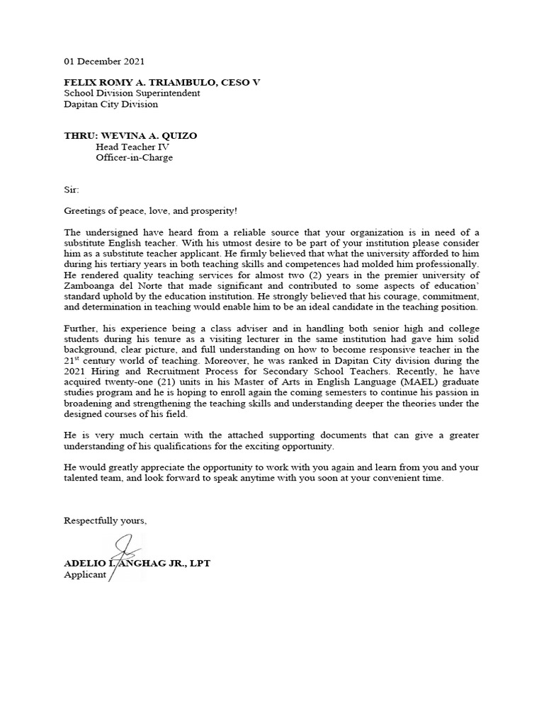 Letter of Intent For Substitute Teacher | PDF | Career & Growth | Wellness