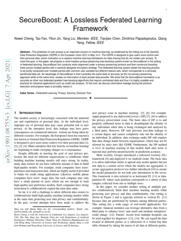 SecureBoost: Privacy-Preserving Learning | PDF | Machine Learning | Privacy