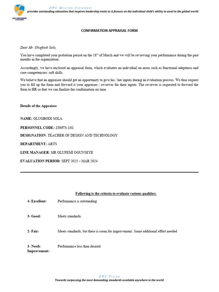 Confirmation Appraisal for Olugbodi Sola | PDF | Leadership | Learning