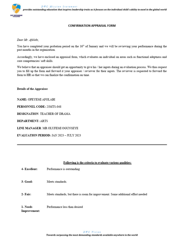Confirmation Appraisal Form | PDF | Leadership | Learning