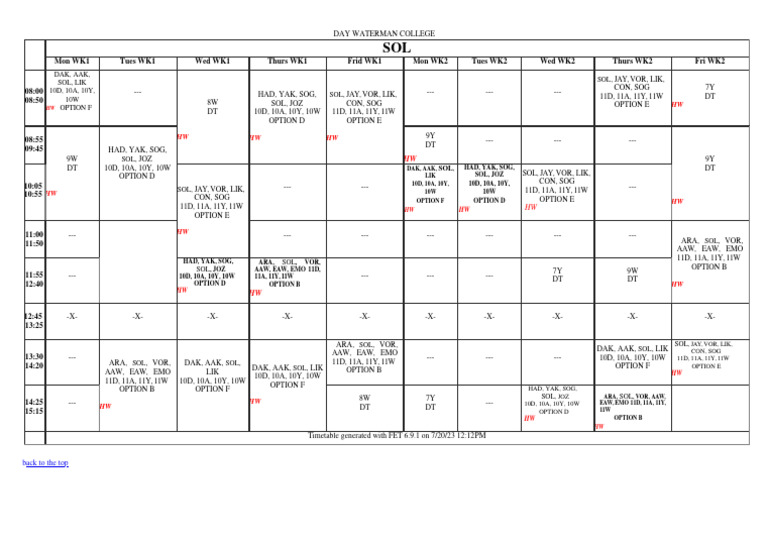 Day Waterman College Weekly Timetable | PDF