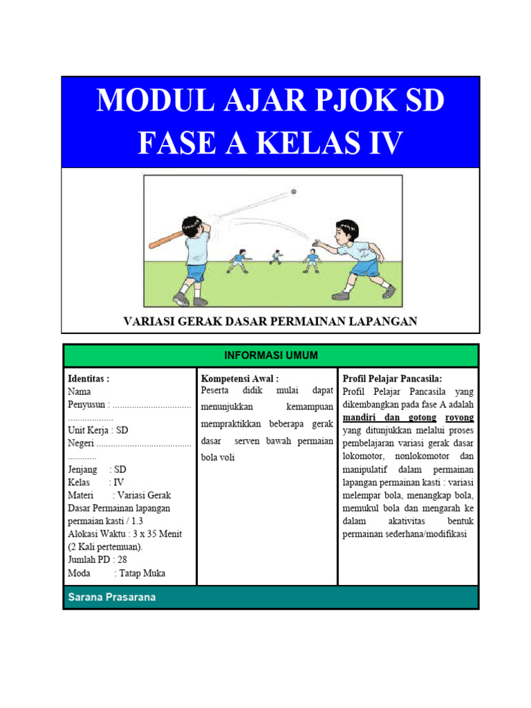 MODUL AJAR PJOK KUMER 03 KELAS 4 SEM 1 Permainan Lapangan (PERMAINAN KASTI) | PDF | Karier ...