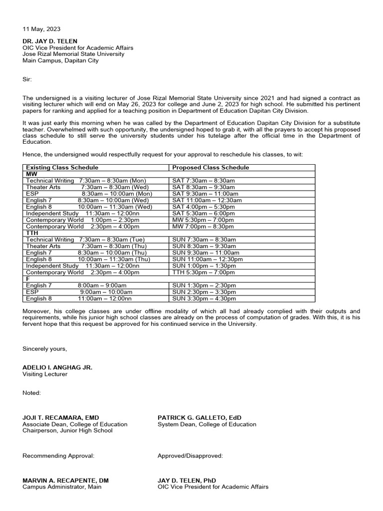 Letter of Reschedule of Classes | PDF | Academia