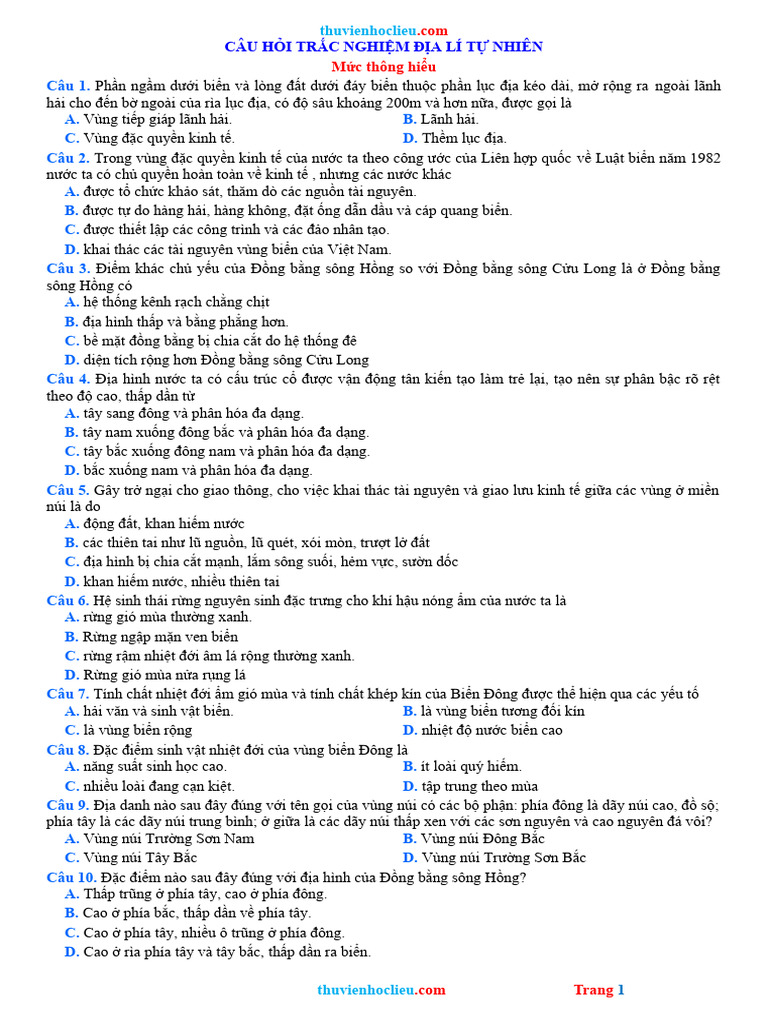 thuvienhoclieu.com-Trac-nghiem-Dia-li-tu-nhien-12-muc-thong-hieu | PDF