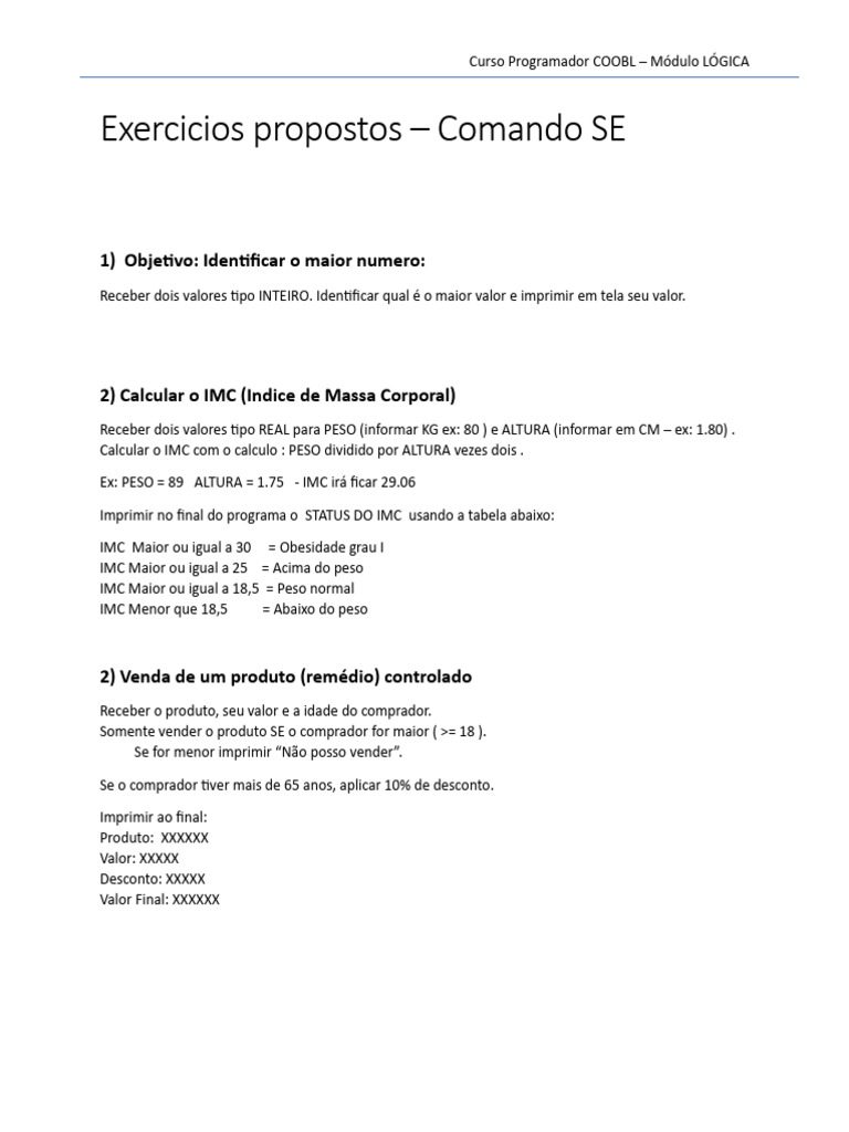 Logica-Exercicios propostos-Comando-SE | PDF | Índice de massa corporal