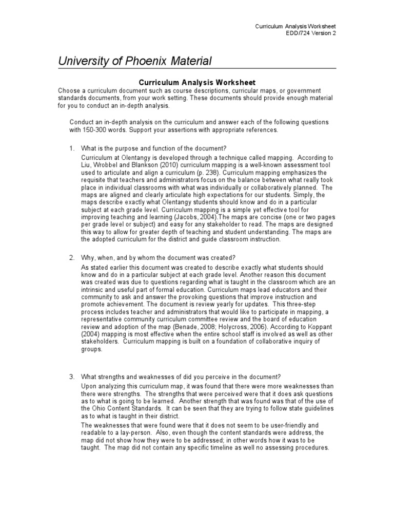 Curriculum Analysis Worksheet | Curriculum | Pedagogy
