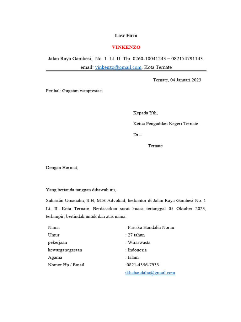 SURAT GUGATAN Perdata | PDF | Hukum