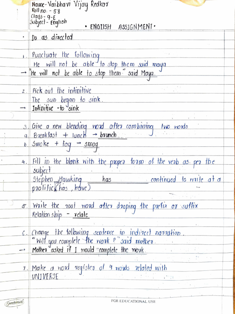 9th English Assignment | PDF